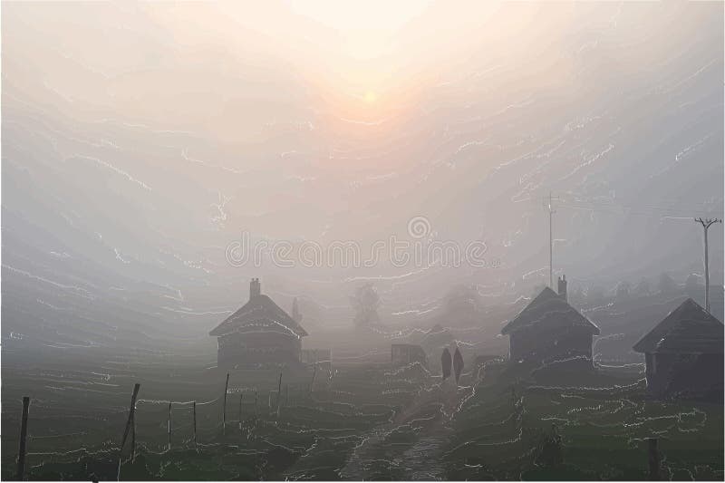 Scene of a Quiet Rural Village Shrouded in Dense Morning Fog. Stock ...