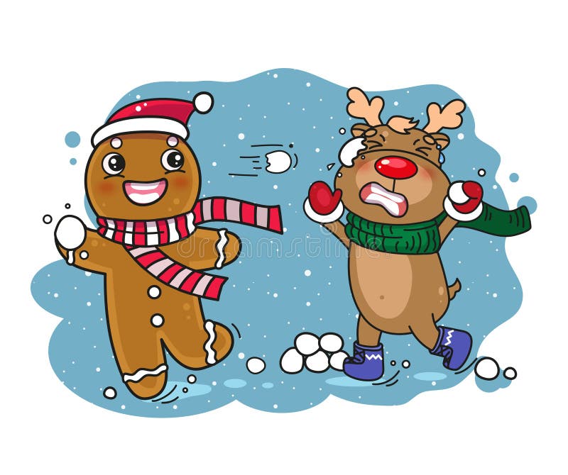 Cute Christmas Kawaii Illustration. Gingerbread Man and Reindeer Play ...