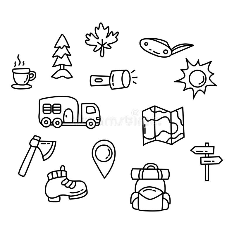 Camping Doodle Icons Set, Outline Style Vector Illustration.t Stock ...