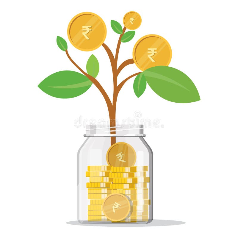 Rupee Plant Growth in Money Jar, Investment, Mutual Fund Concept Vector ...