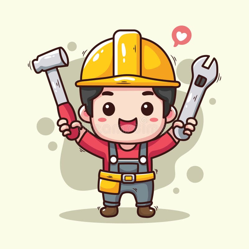 Cute Builder Boy with Wrench and Hammer. Cute Cartoon Character. Vector Illustration Stock ...