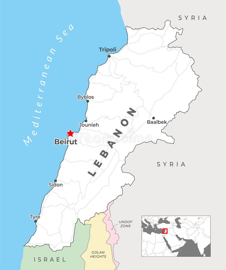 Lebanon Political Map with Capital Beirut, National Borders and ...
