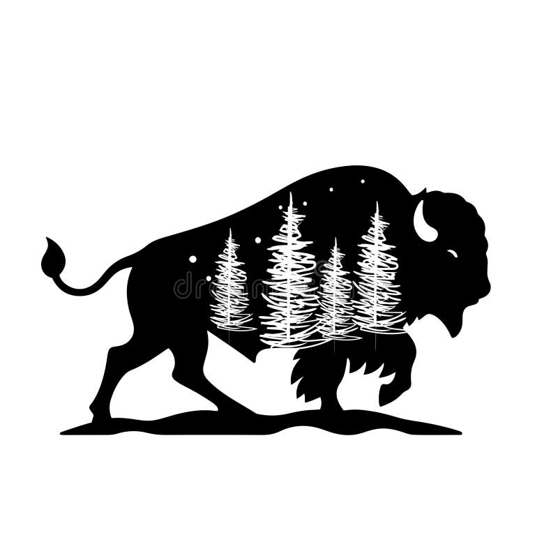 Bison, Pine Tree, and Mountain Vector Stock Vector - Illustration of ...