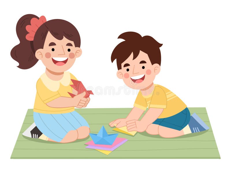 Boy and Girl Playing Paper Folding Origami Vector Illustration Stock ...