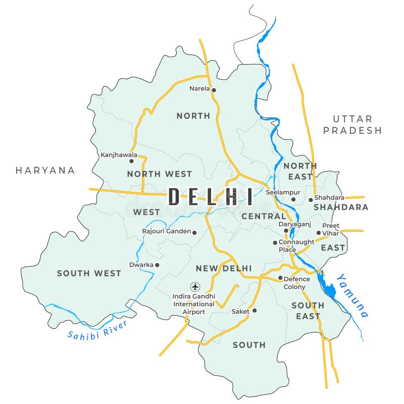 Detailed Map of Delhi with District and Important Places Stock ...