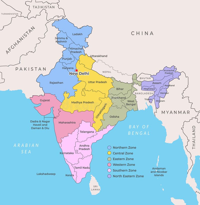 India Detailed Map. Zones and State, Nation Border with Neighbouring ...