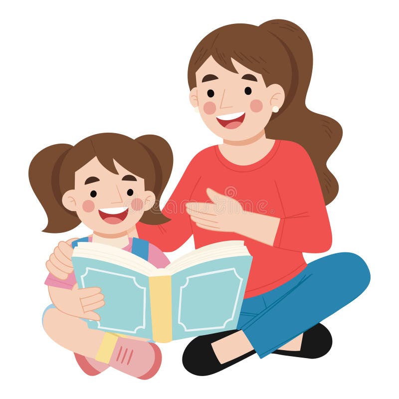 Girl Reading Book with Mother Cartoon Illustration Stock Vector ...
