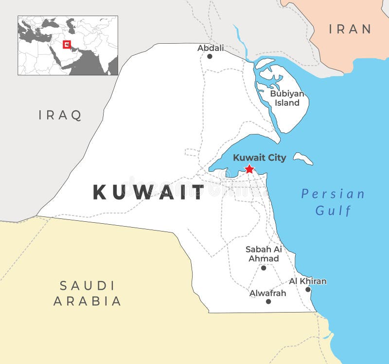 Kuwait Political Map with Capital Kuwait City, Most Important Cities ...