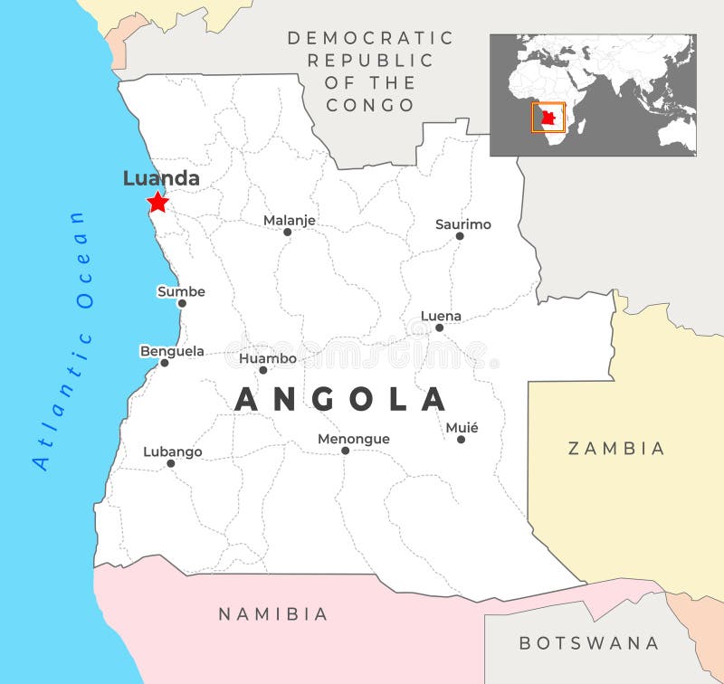 Angola Political Map with Capital Luanda, Most Important Cities with ...