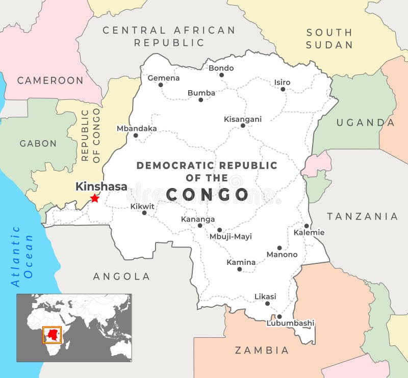 Congo Democratic Republic Political Map with Capital Kinshasa, Most ...