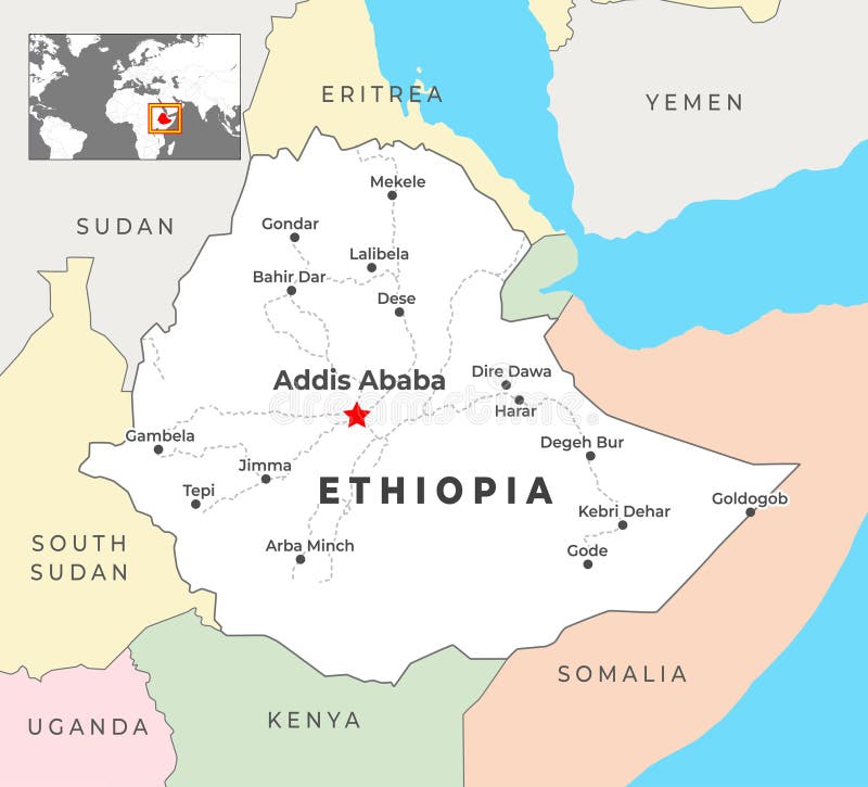 Ethiopia Political Map with Capital Addis Ababa, Most Important Cities ...