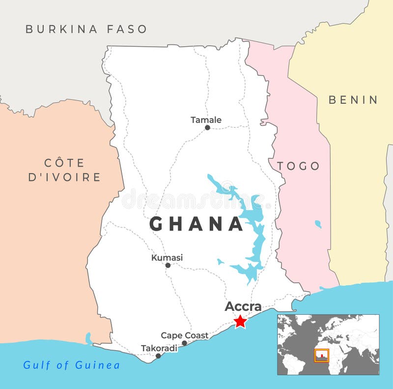 Ghana Political Map with Capital Accra, Most Important Cities with ...