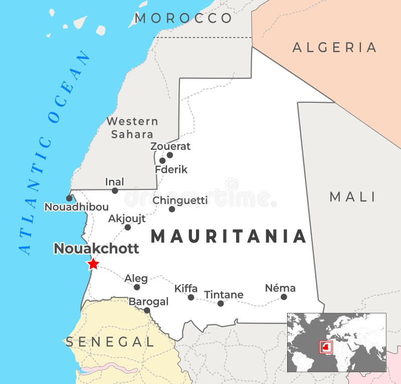 Mauritania Political Map with Capital Nouakchott, Most Important Cities ...