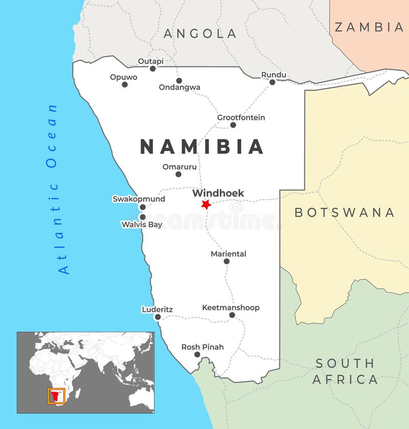 Namibia Political Map with Capital Windhoek, Most Important Cities with ...