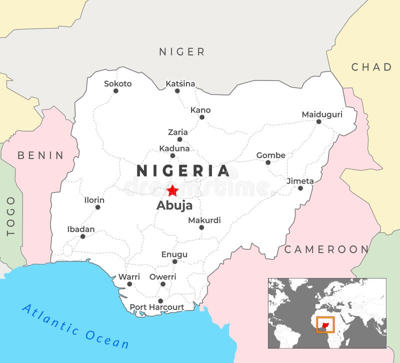 Nigeria Political Map with Capital Abuja, Most Important Cities with ...