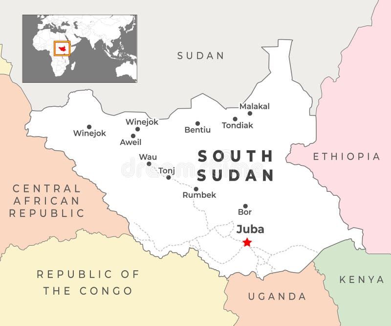 South Sudan Political Map with Capital Juba, Most Important Cities with ...
