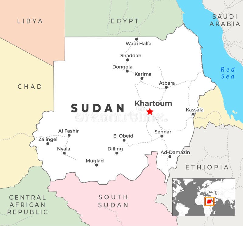 Sudan Political Map with Capital Khartoum, Most Important Cities with ...