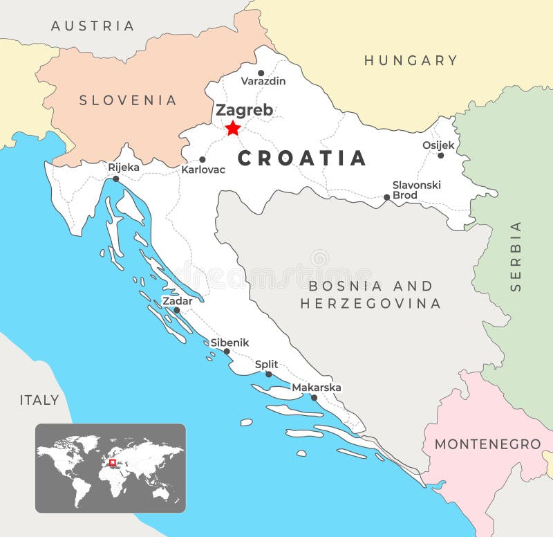 Croatia Map with Capital Zagreb, Most Important Cities and National ...
