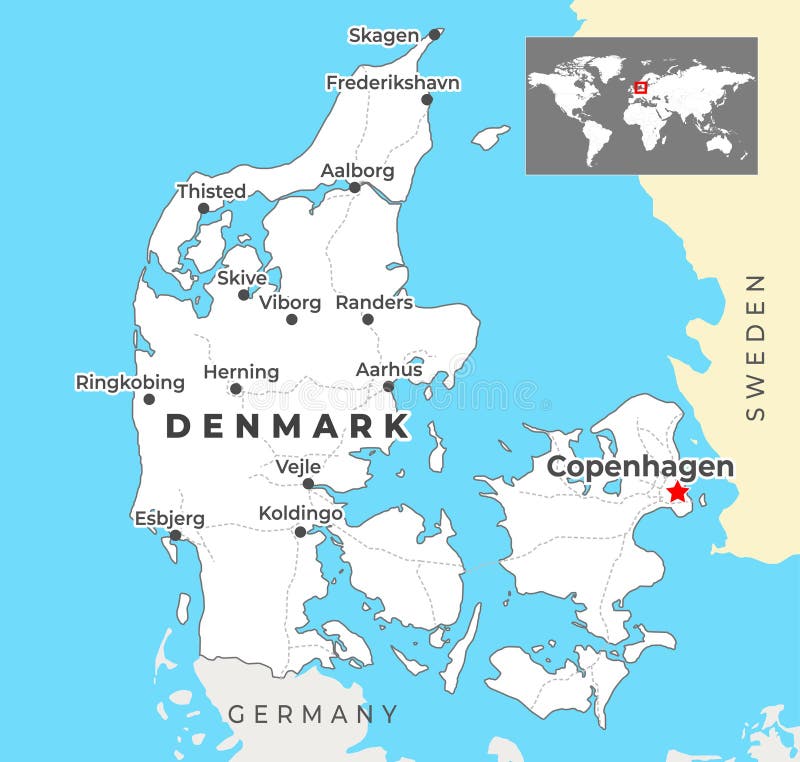 Denmark Map with Capital Copenhagen, Most Important Cities and National ...