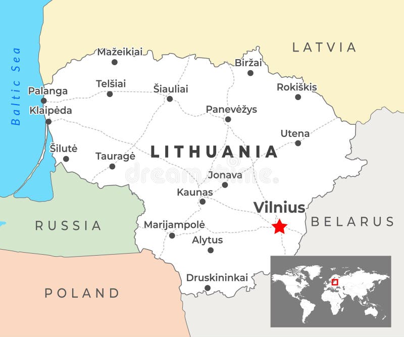 Lithuania Political Map with Capital Vilnius, Most Important Cities and ...