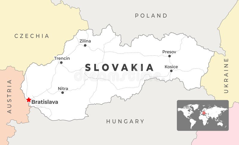 Slovakia Political Map with Capital Bratislava, Most Important Cities ...