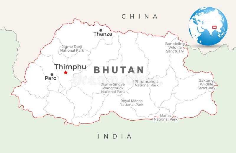 Bhutan Map with Capital Thimphu, Most Important Cities and National ...
