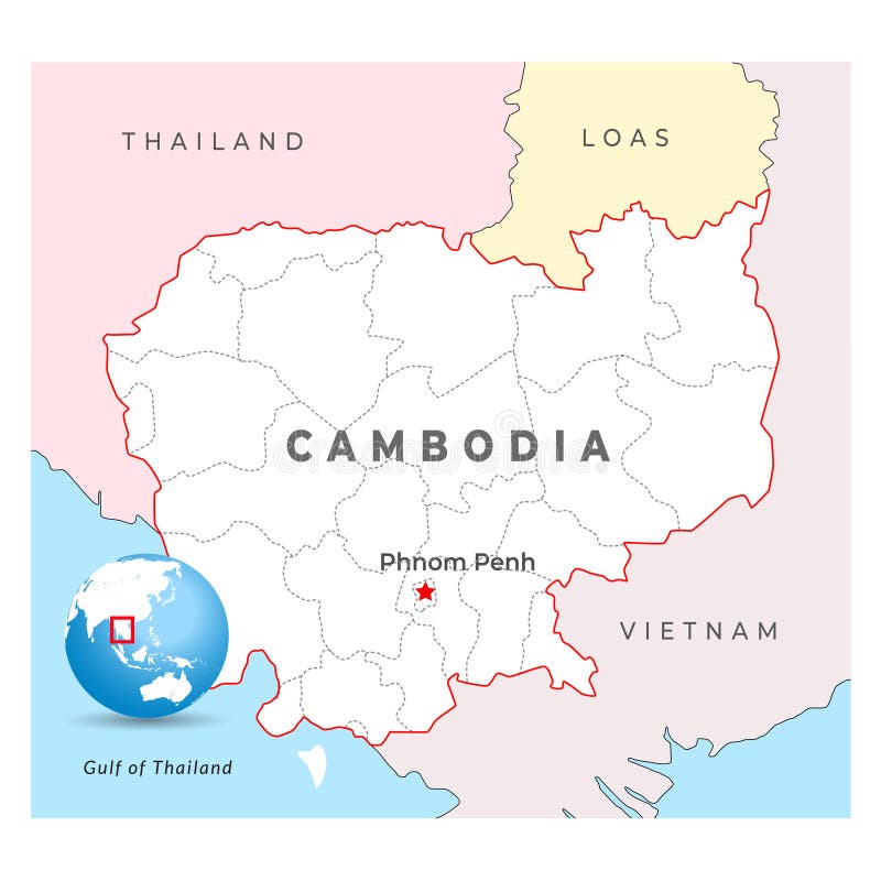 Cambodia Map, Capital Phnom Penh, with National Borders Stock ...