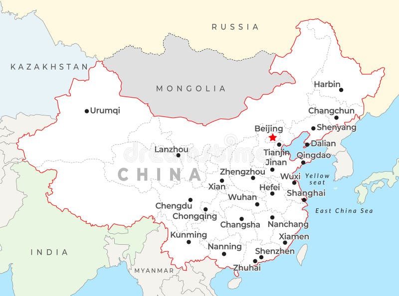 China Map with Capital Beijing, Most Important Cities and National ...
