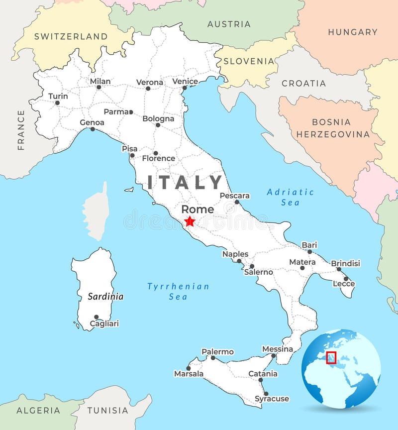 Italy Map with Capital Rome, Most Important Cities and National Borders ...