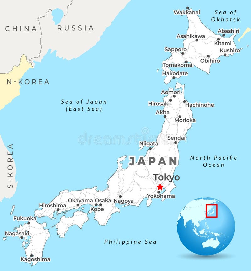 Japan Map with Capital Tokyo, Most Important Cities and National ...