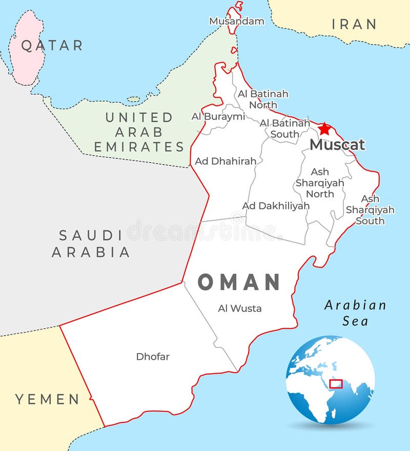 Oman Map with Capital Muscat, Most Important Cities and National ...
