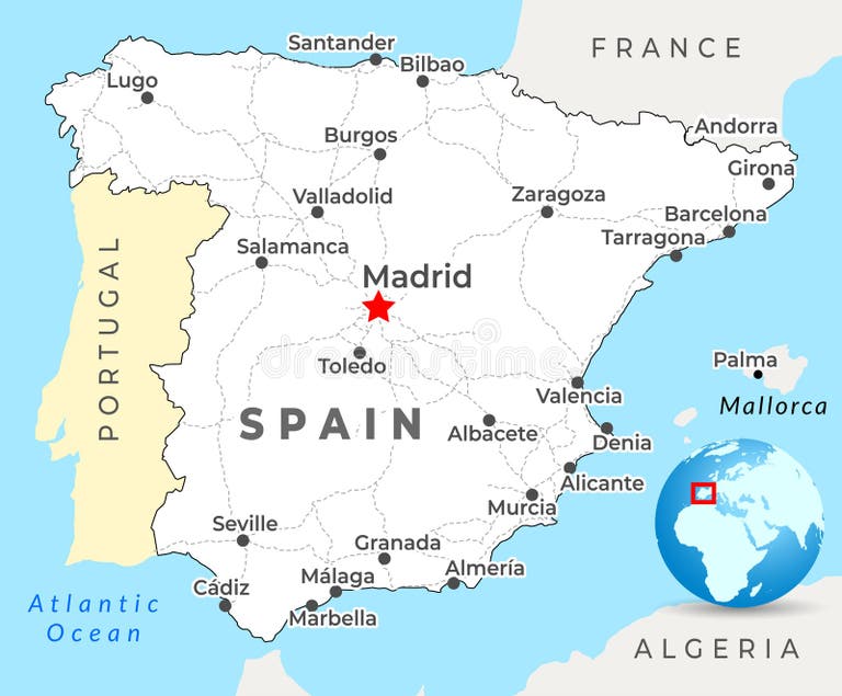 Spain Map with Capital Madrid, Most Important Cities and National ...