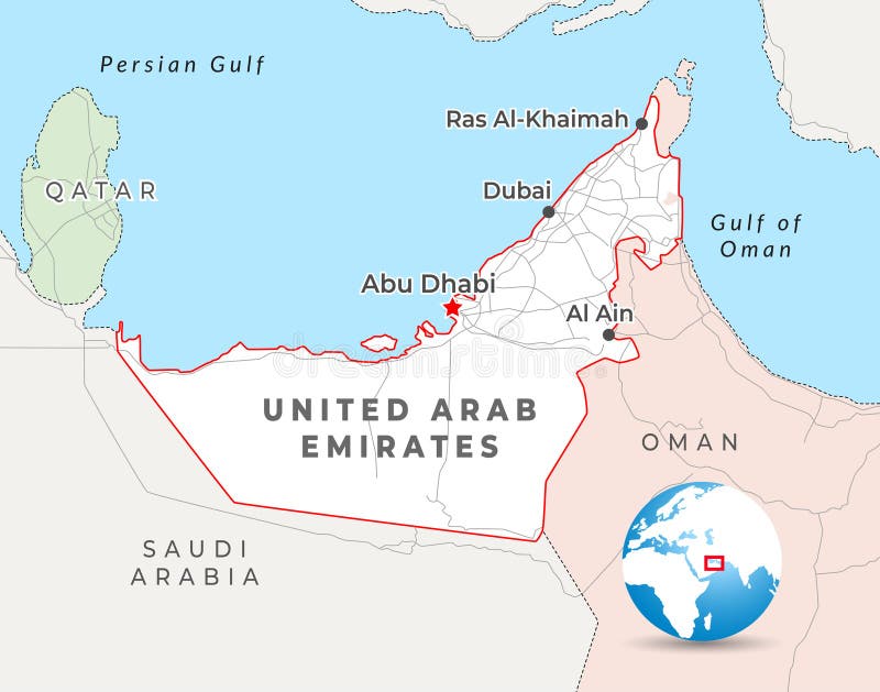 United Arab Emirates Map with Capital Abu Dhabi, Most Important Cities ...