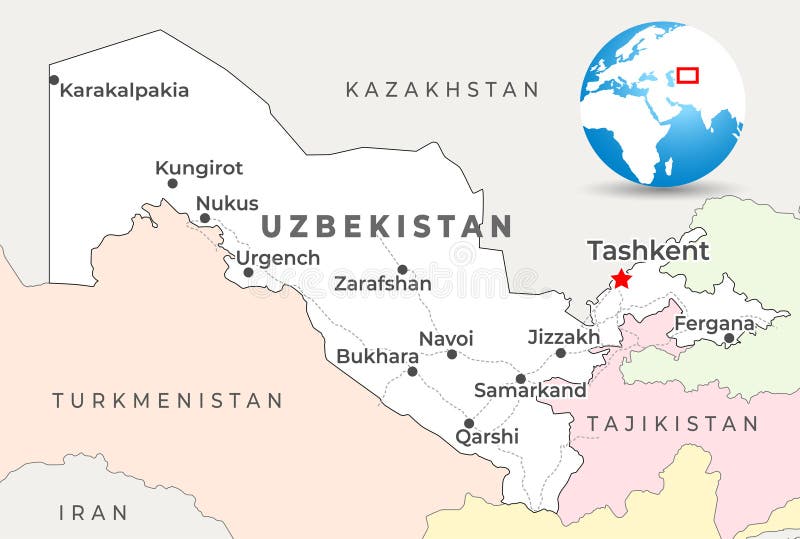 Uzbekistan Map with Capital Tashkent, Most Important Cities and ...