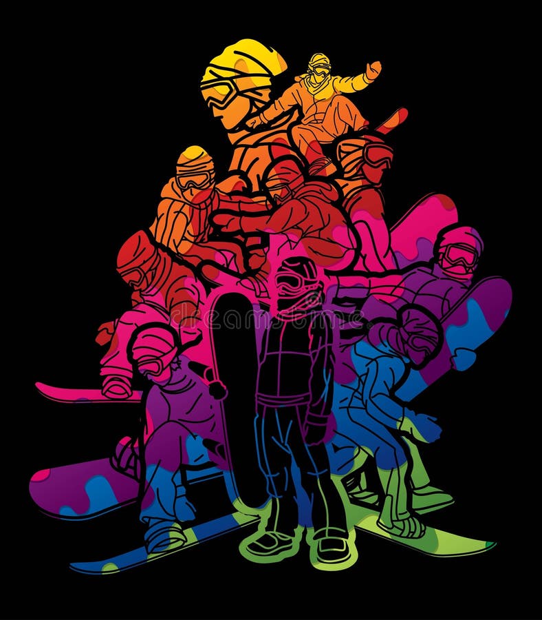 Silhouette Group of Extreme Sport Players Snowboard Players Snowboarder ...