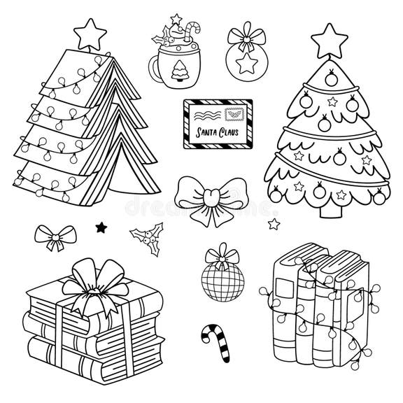 Outline Set of Isolated Stack of Books and Christmas Tree Stock Vector ...