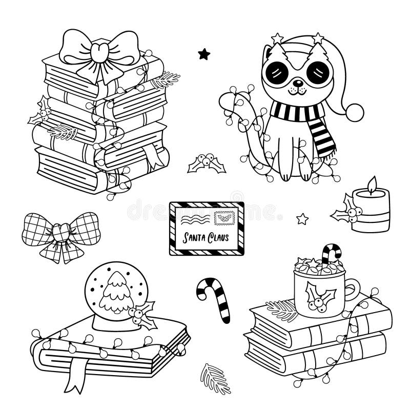 Outline Set of Isolated Stack of Books and Cat Stock Illustration ...