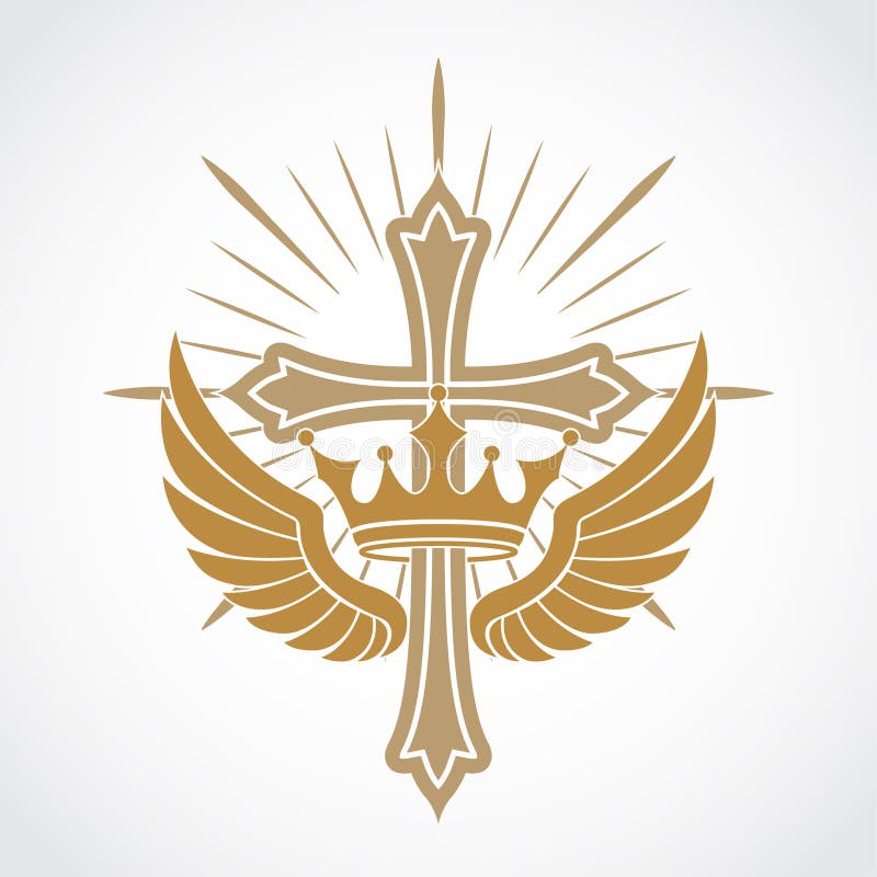 Cross with Crown and Wings Gold Symbol Stock Vector - Illustration of ...