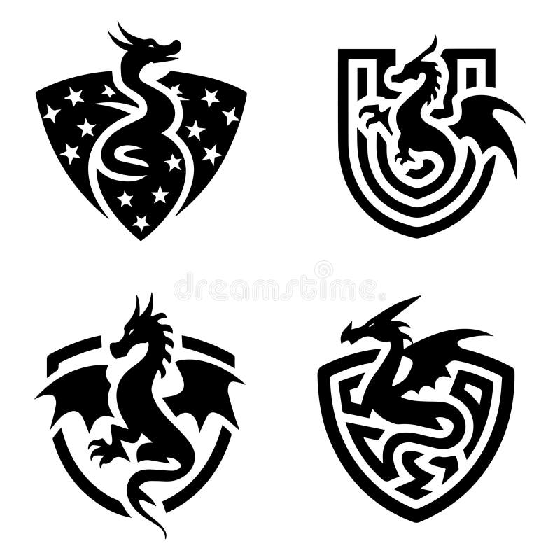 A Bold Vector Silhouette Logo Set of a Dragon Intertwined with a Shield ...