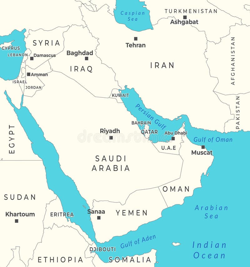 Middle East, Political Map Countries with Capitals and International ...