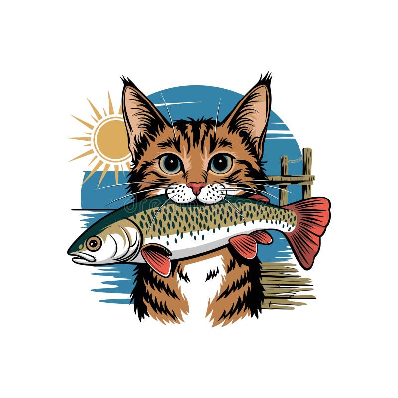 Joyful Cats Catching Fish in a Playful Vector Art Style Stock Vector ...