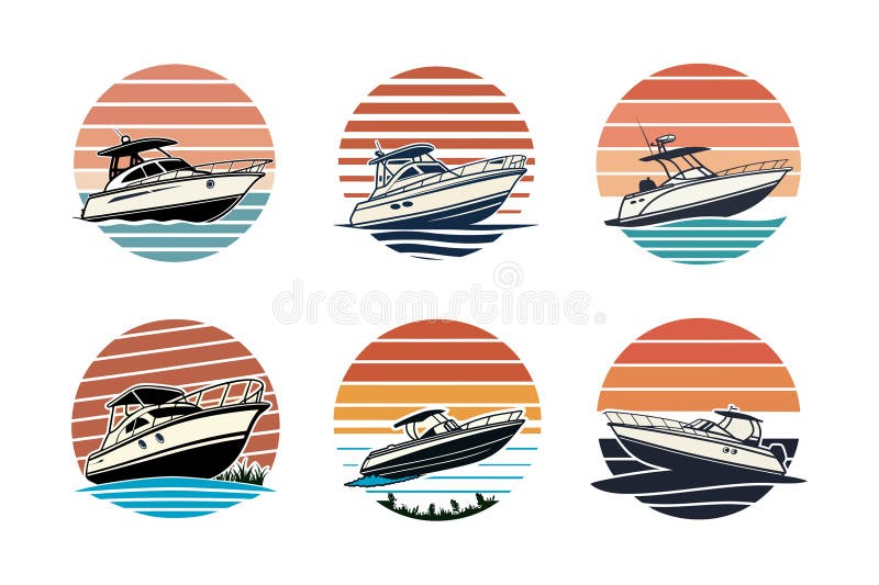 Speed Boat Silhouettes on Retro Vintage Design Bundle. Stock ...