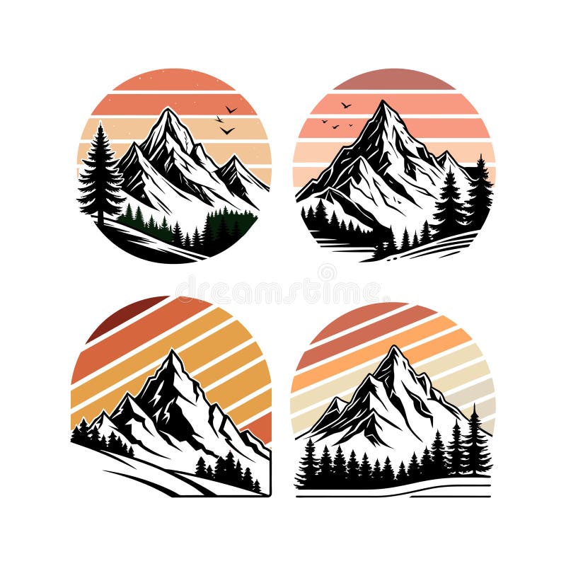 Mountain Silhouettes Bundle on Retro Vintage Designs. Stock Vector ...