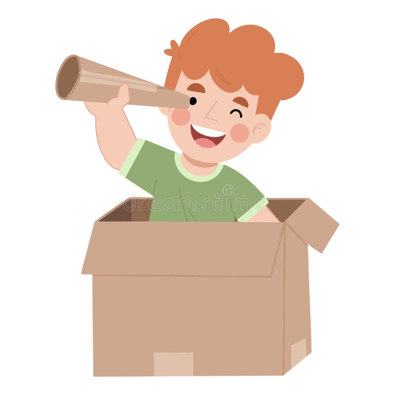 Boy Playing with Used Cardboard Cartoon Illustration Stock Vector ...