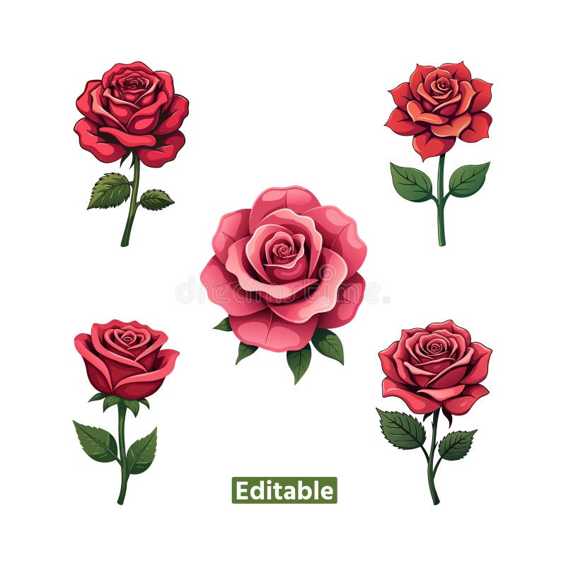 Red Rose Set for Floral Decorations. Cute Red Rose Icons and Designs ...