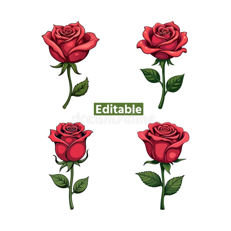 Red Rose Set for Floral Decorations. Cute Red Rose Icons and Designs ...
