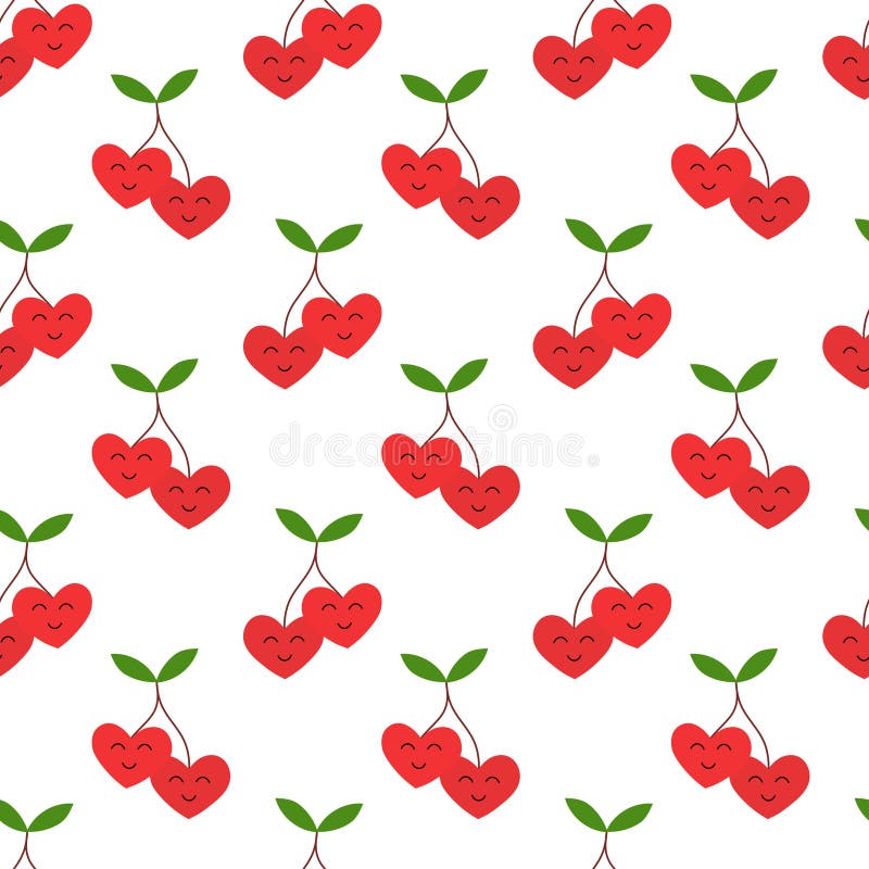 Seamless Pattern. Cherries in Form Hearts, Leaves with Funny Faces ...