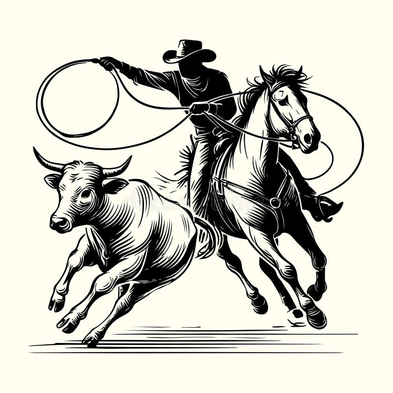 Vector cowboy calf roping stock vector. Illustration of monochrome ...