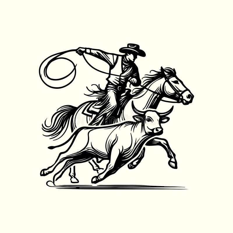 Vector cowboy calf roping stock vector. Illustration of monochrome ...