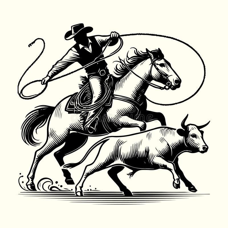 Vector cowboy calf roping stock vector. Illustration of outline - 351617142